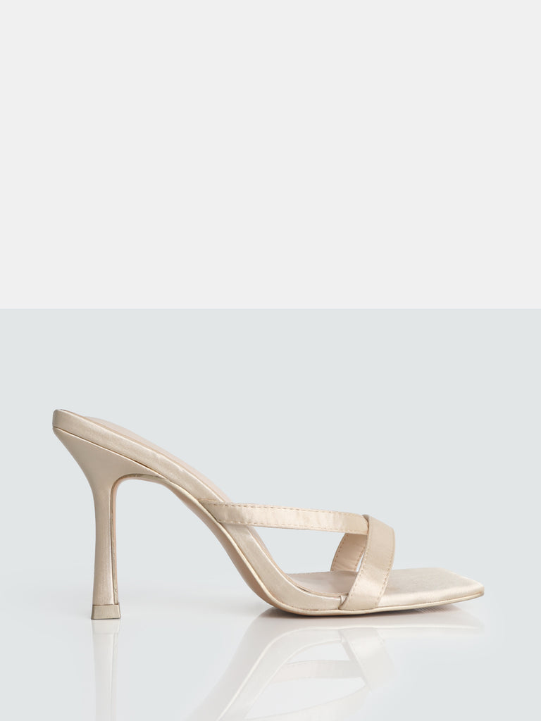 Kristen Champagne Satin Cross Over Strap Slip On Heels – Public Desire ...
