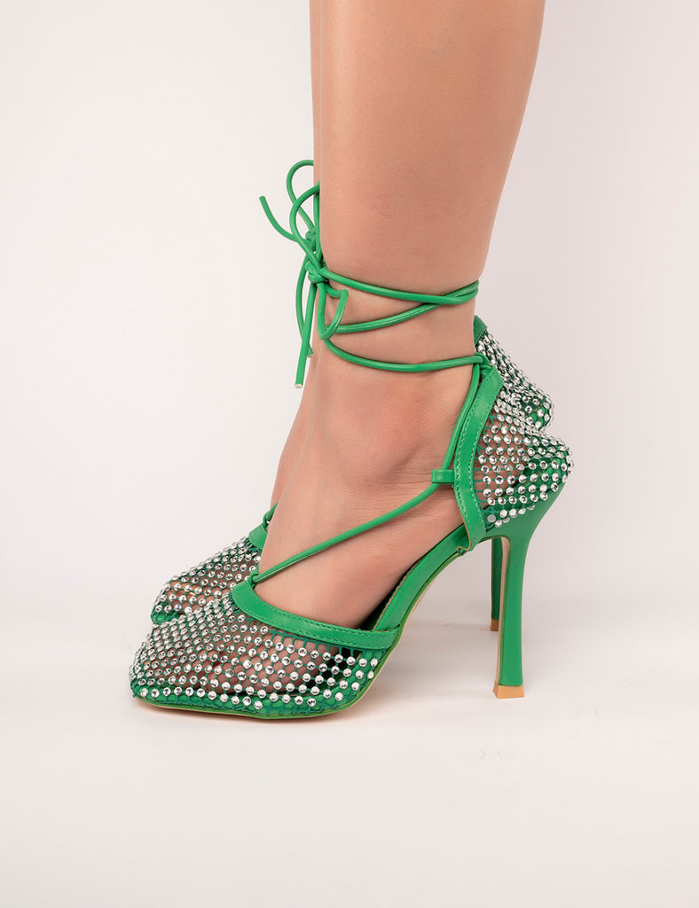 LONGSHOT GREEN DIAMANTE WRAP AROUND MESH HEELS | Public Desire – Public ...